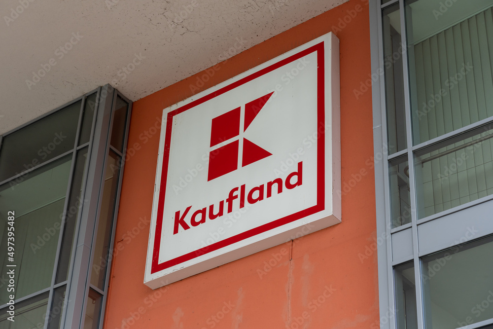DRESDEN, GERMANY - 25. April 2021: Big Kaufland supermarket sign on the ...