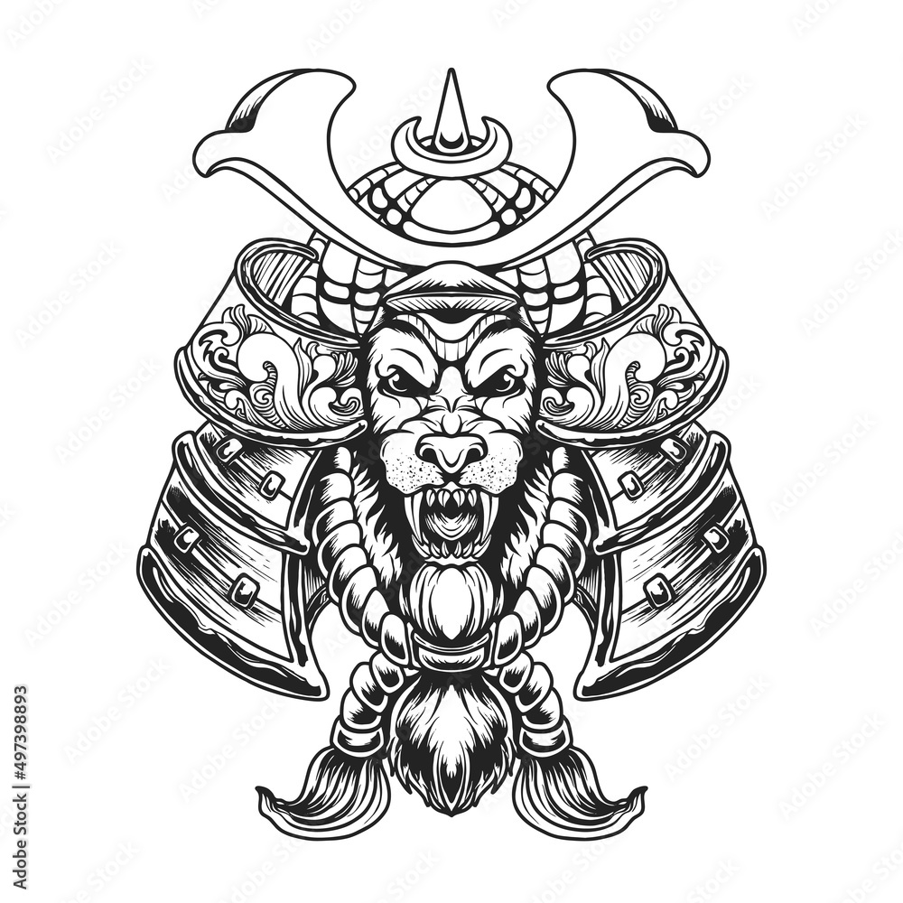 Japanese Lion Head Samurai Vector Illustration T shirt Design Stock ...