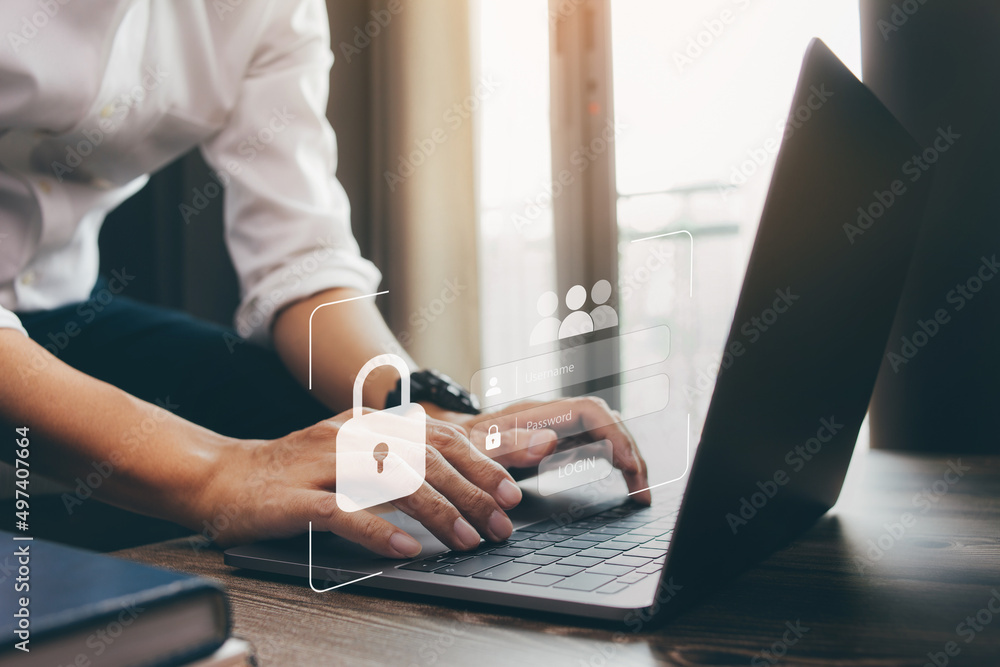 Businessmen protecting personal data on laptop and virtual interfaces ...