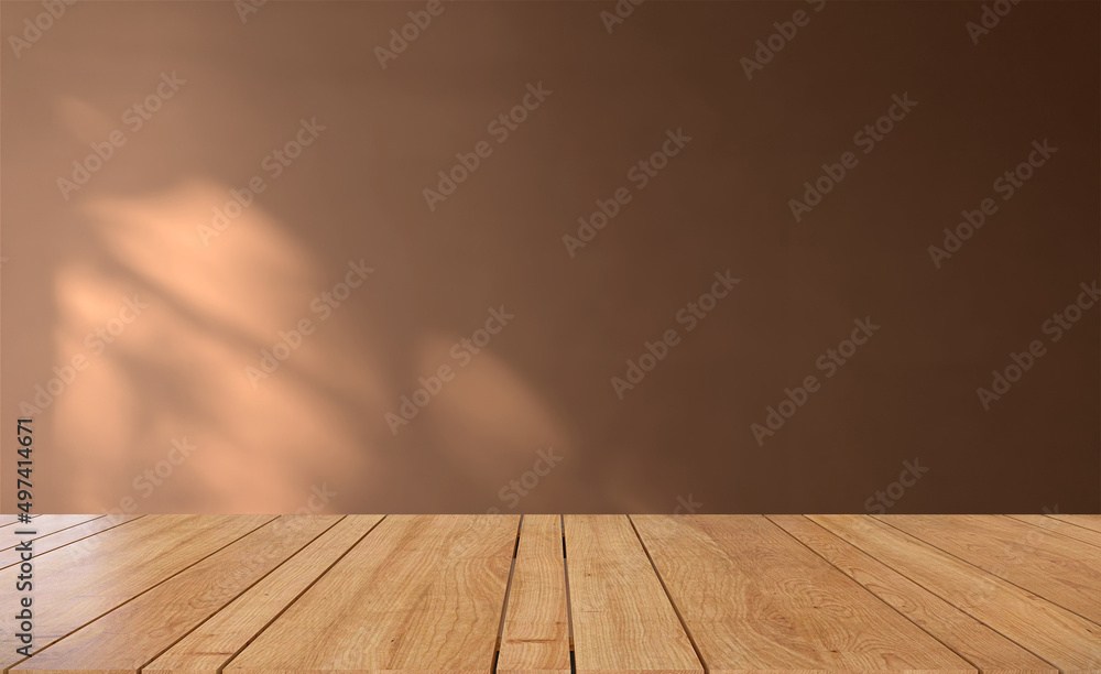 3D rendering of empty shiny wooden counter top for products display in ...