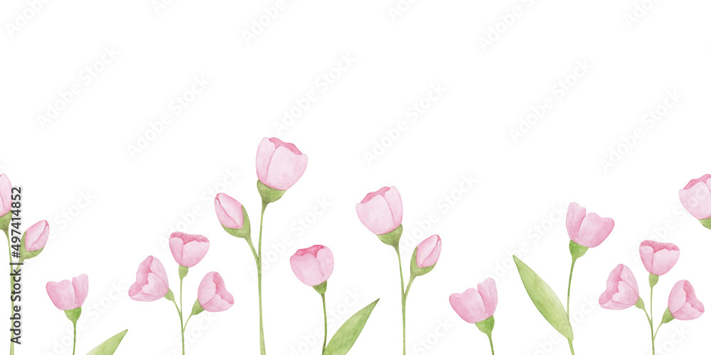 Seamless border with pink flowers and greenery on white background ...
