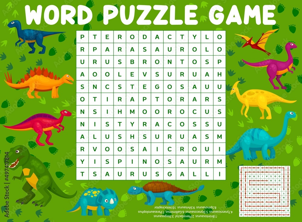 Funny cartoon dinosaur reptiles word search puzzle vector game ...