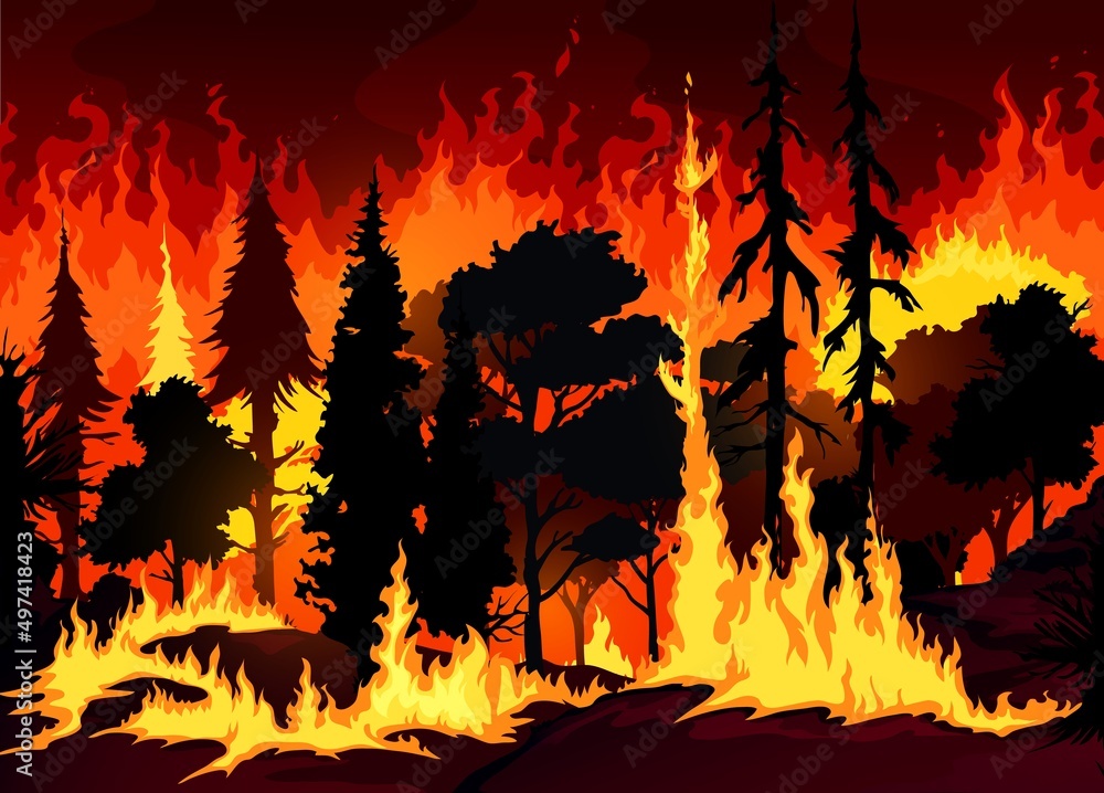 Forest wildfire disaster background with burning trees and grass ...