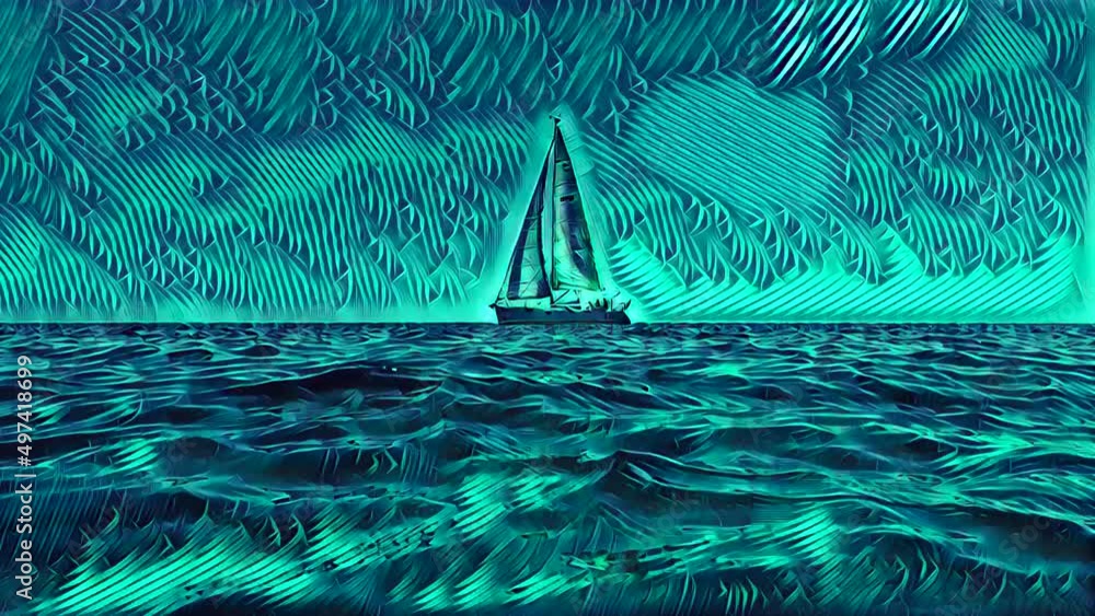 Low angle sea level animation of small yacht boat sailing in calm open ...