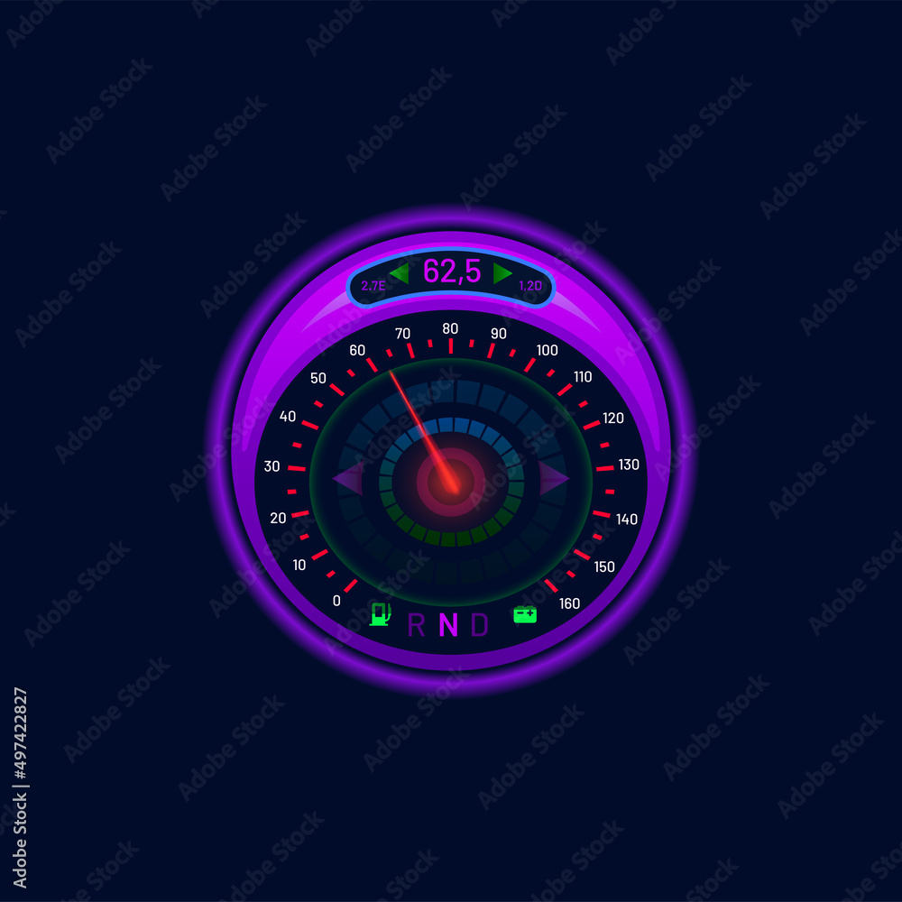 Futuristic car speedometer or gauge dial, neon LED speed meter, vector ...