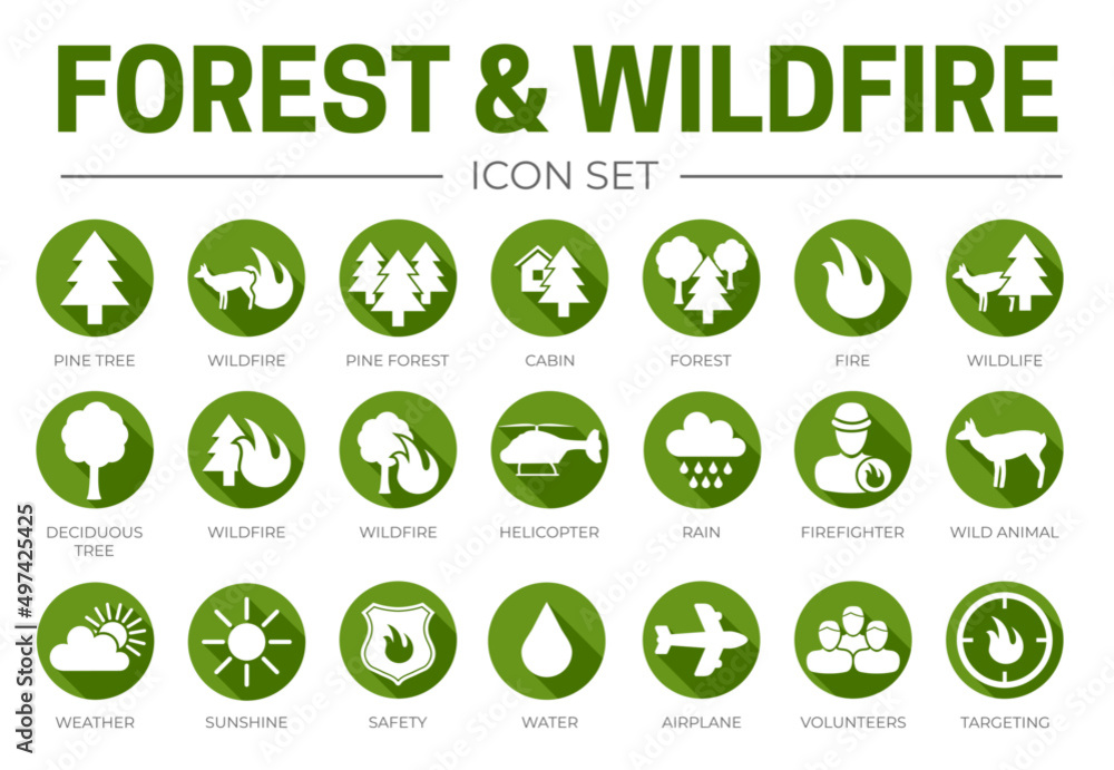 Green Flat Forest & Wildfire Round Icon Set with Fire, Pine, Cabin ...