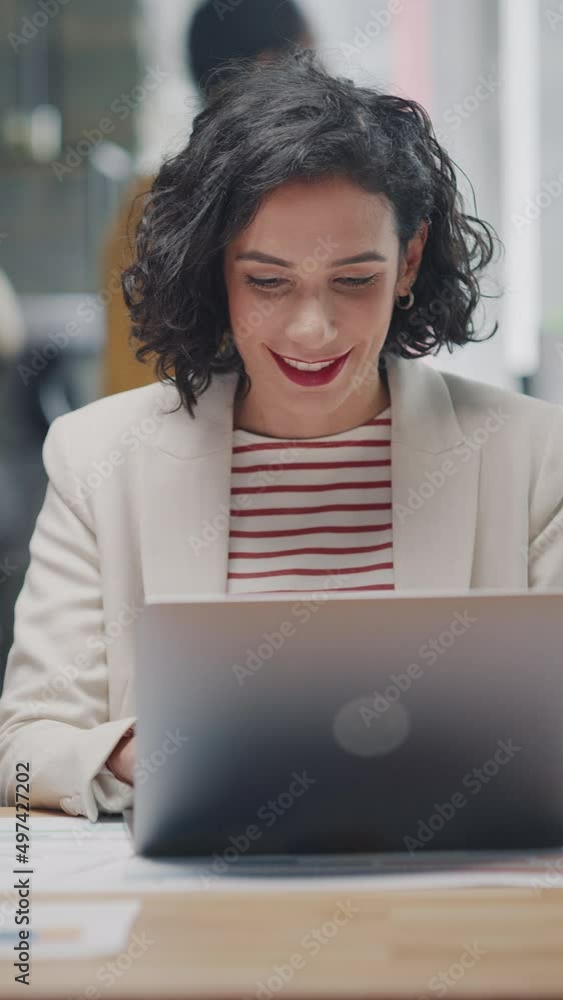 Vertical Portrait of Happy Latin Project Manager with Dark Wavy Hair ...