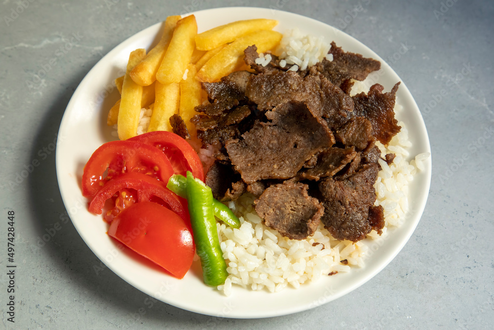 Meat doner menu, iskender menu on plate, turkish special meat doner ...