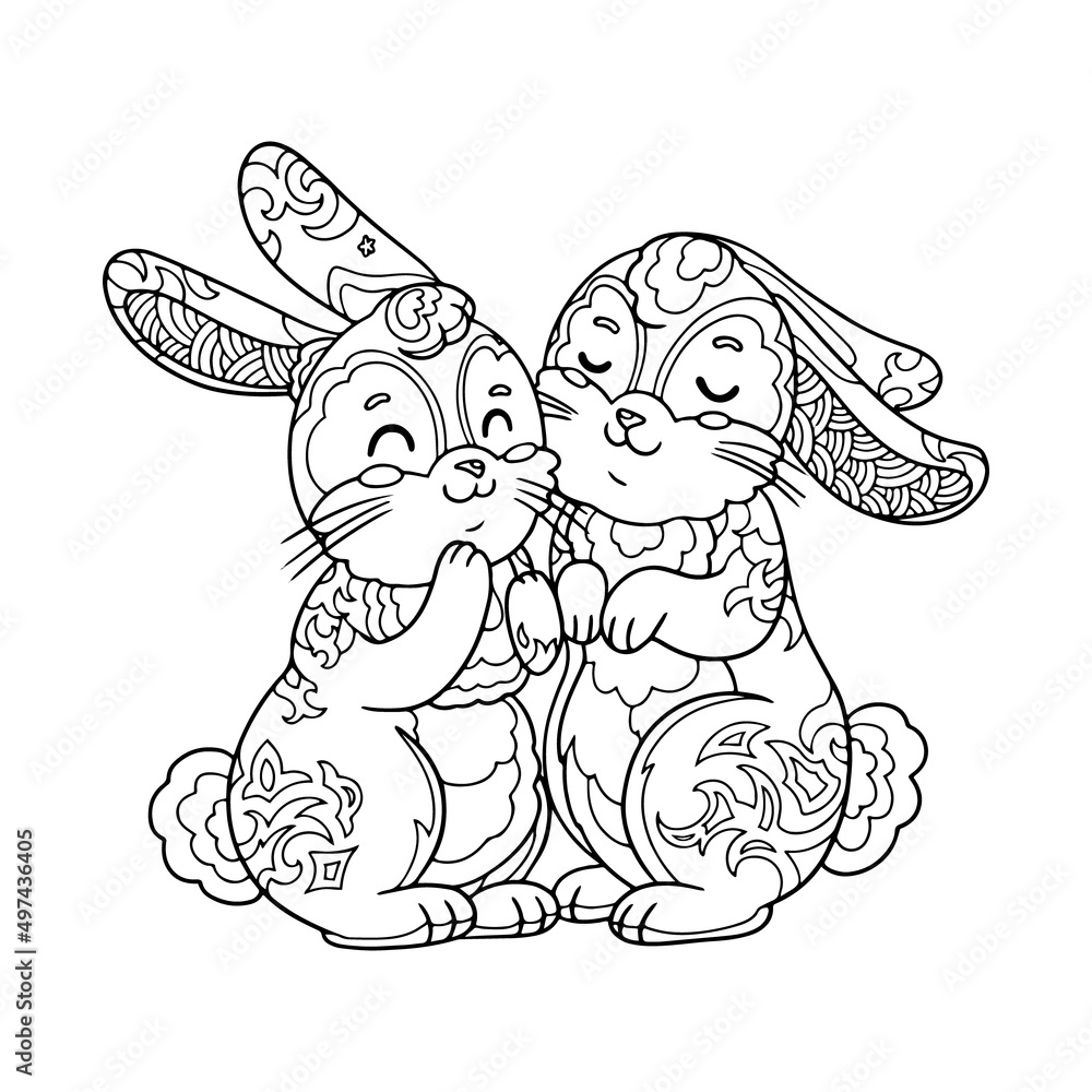 Cute baby bunnies in love coloring book page for children with doodle ...