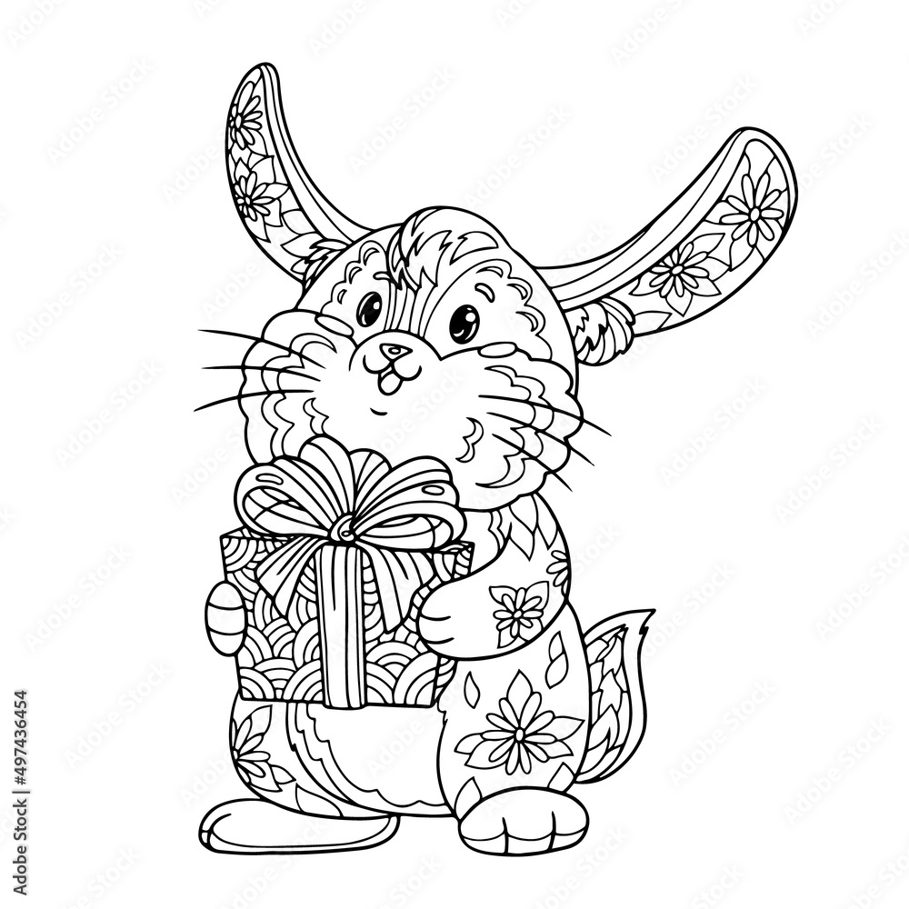 Cute baby bunny with present coloring book page for children with ...