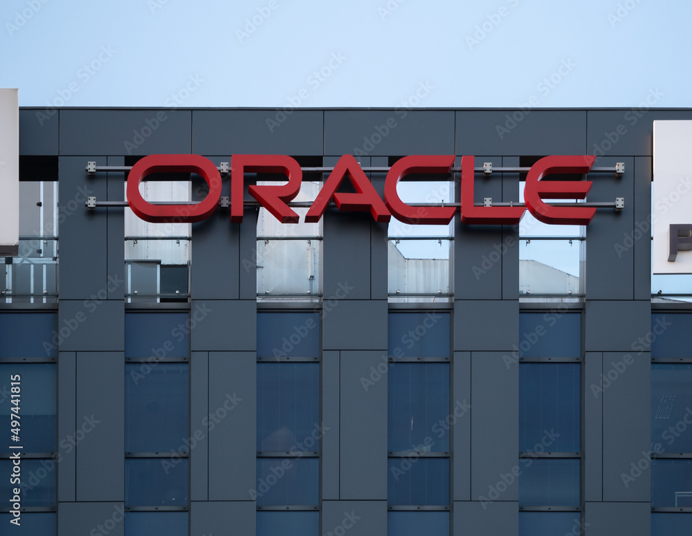 Oracle Corporation logo sign. American multinational computer software ...