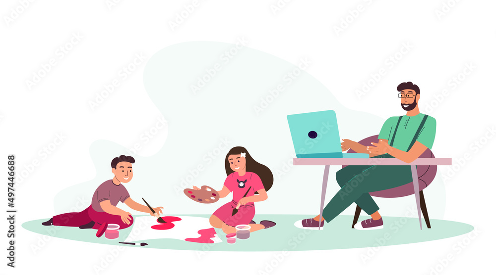 Working with Laptop Busy father in decree and painting children ...