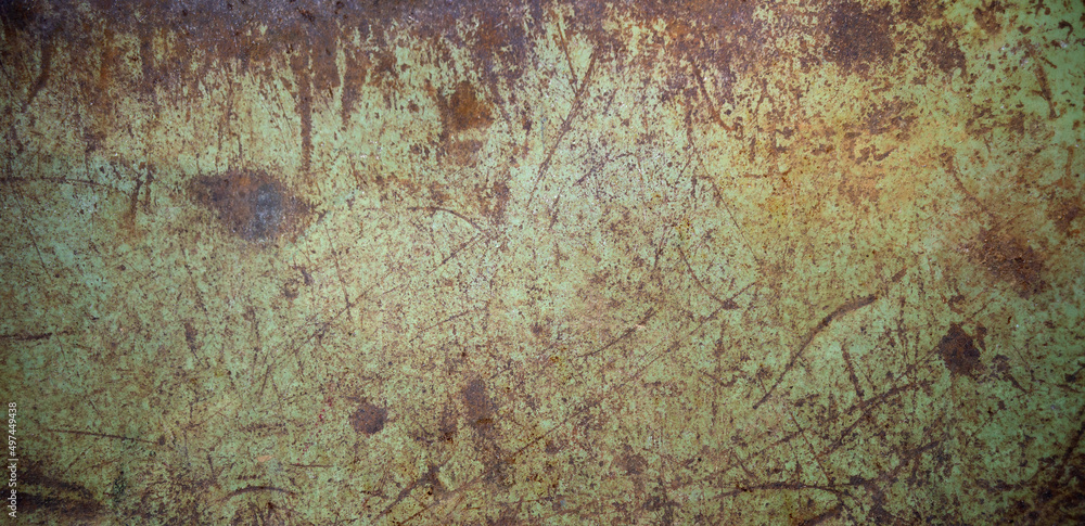 Rectangular texture of an iron wall with traces of rust. Old green ...