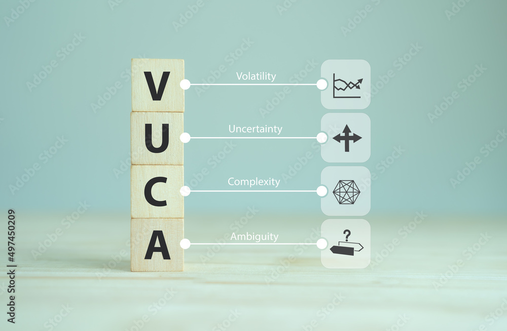 VUCA and strategic management. Wooden cubes with VUCA icon and text ...