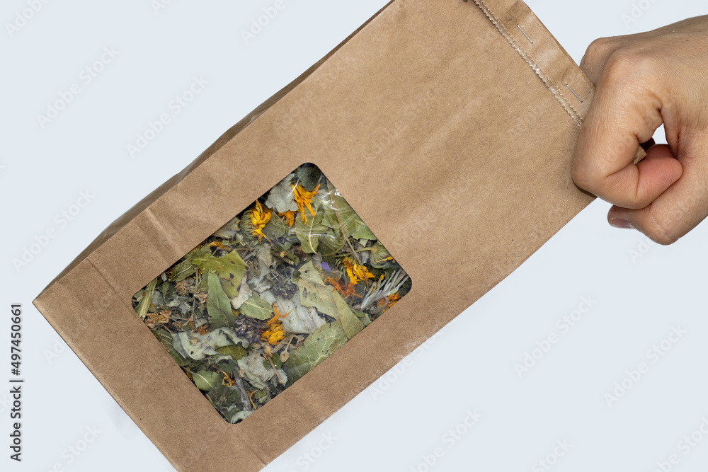 brown craft recycled paper with window with natural tea leaves, harvest ...