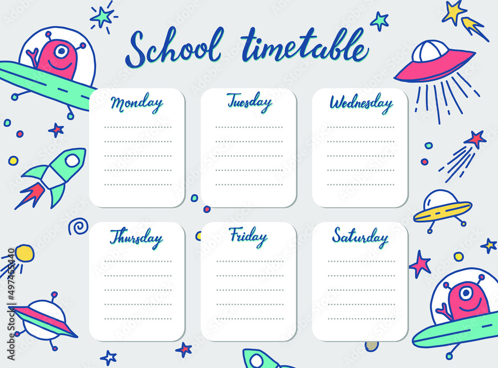 School timetable with spaceships, aliens, vector template. Curriculum ...