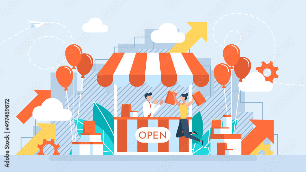 Grand opening concept. A businessman holding scissors in his hand cuts ...