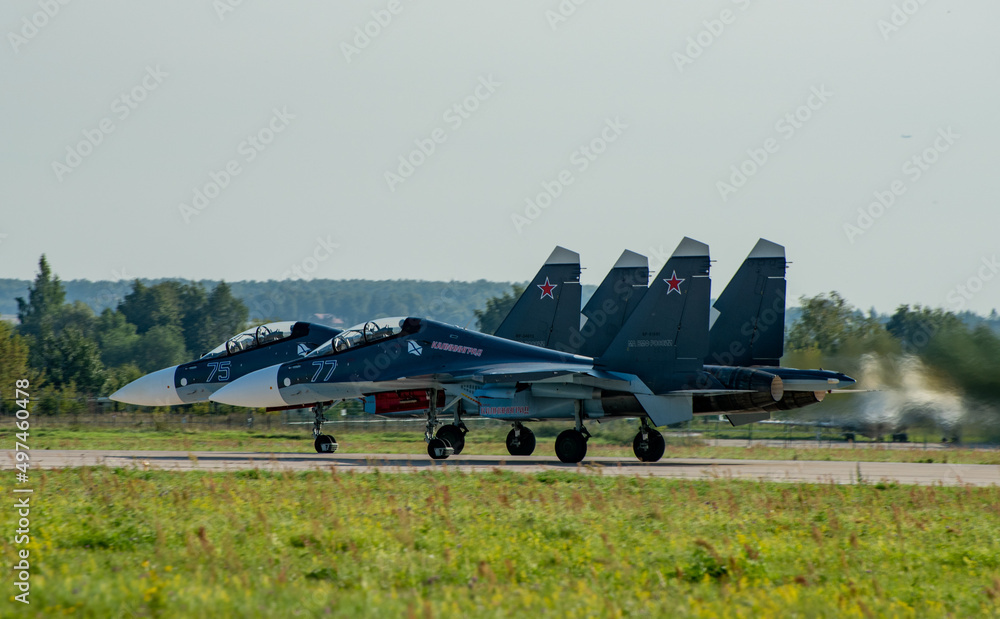 August 30, 2019, Zhukovsky, Russia. Russian multi-role Su-30SM fighters on the runway of the ...