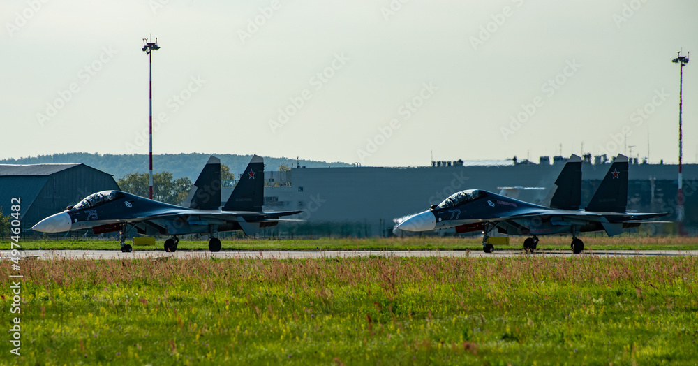 August 30, 2019, Zhukovsky, Russia. Russian multi-role Su-30SM fighters on the runway of the ...