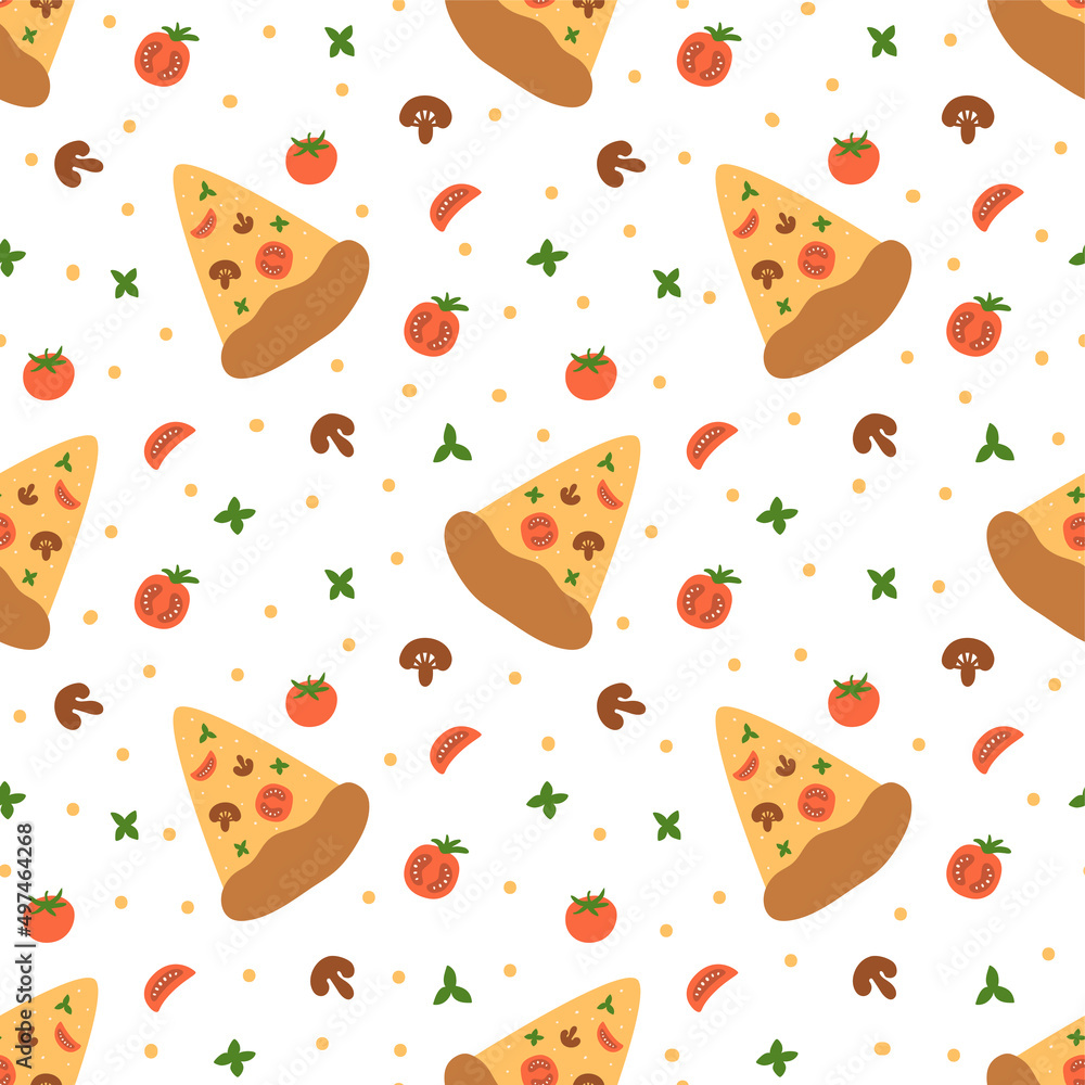 Pizza pattern. Pizza seamless pattern. Pizza slice, tomatoes, mushrooms ...