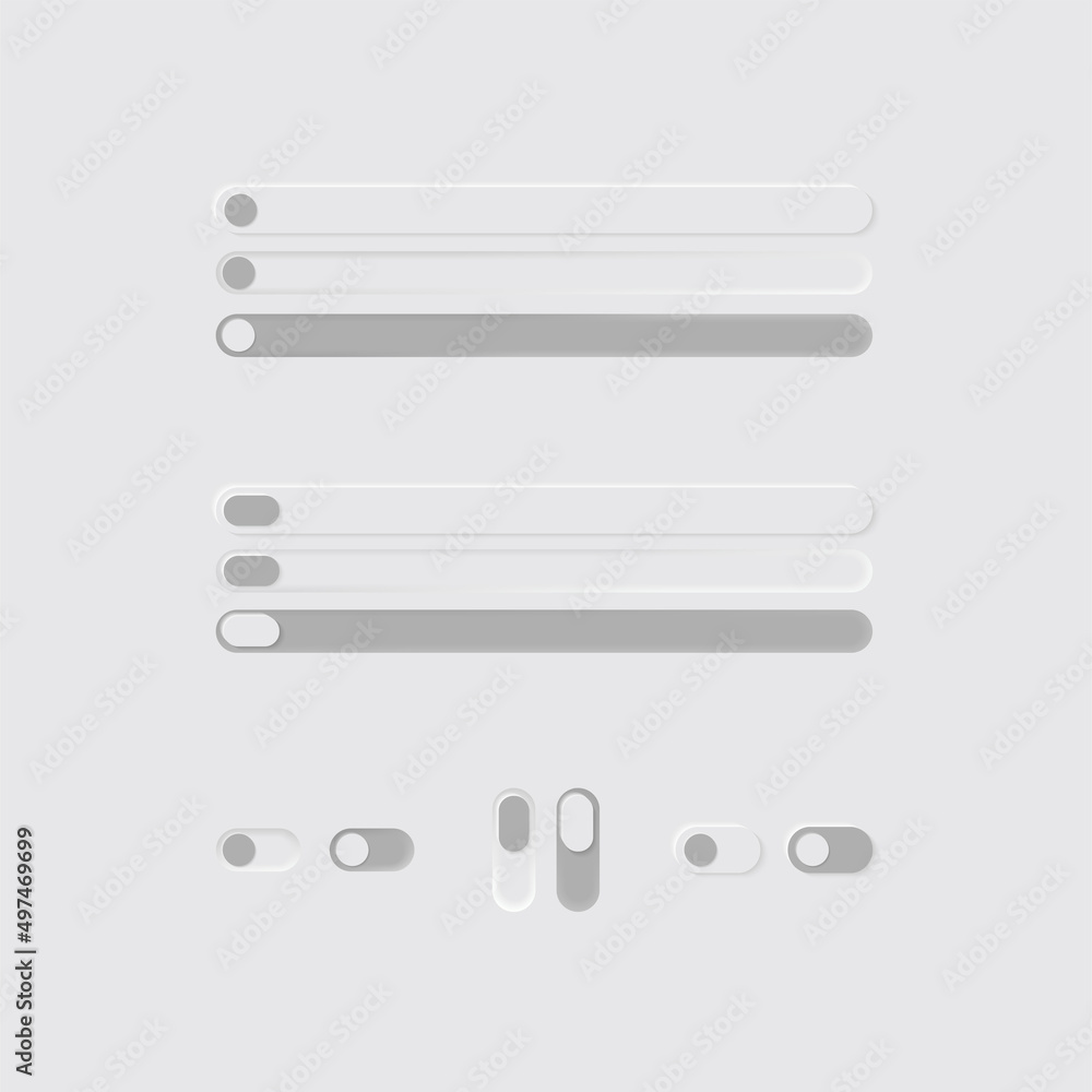 White web buttons with gray design elements. Push, toggle switch ...