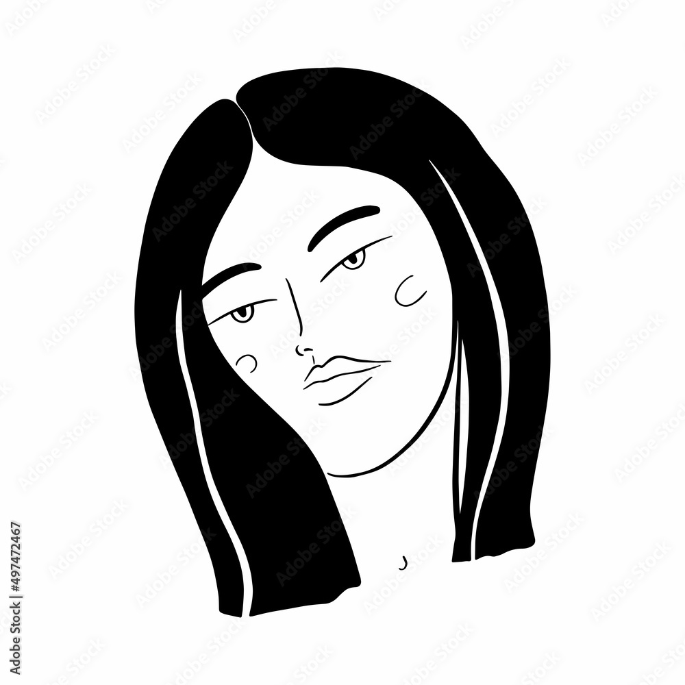 Female Face Portrait Avatar Black And White Vector Illustration