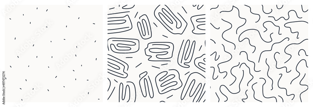Abstract doodles seamless pattern set. Modern black and white vector ...