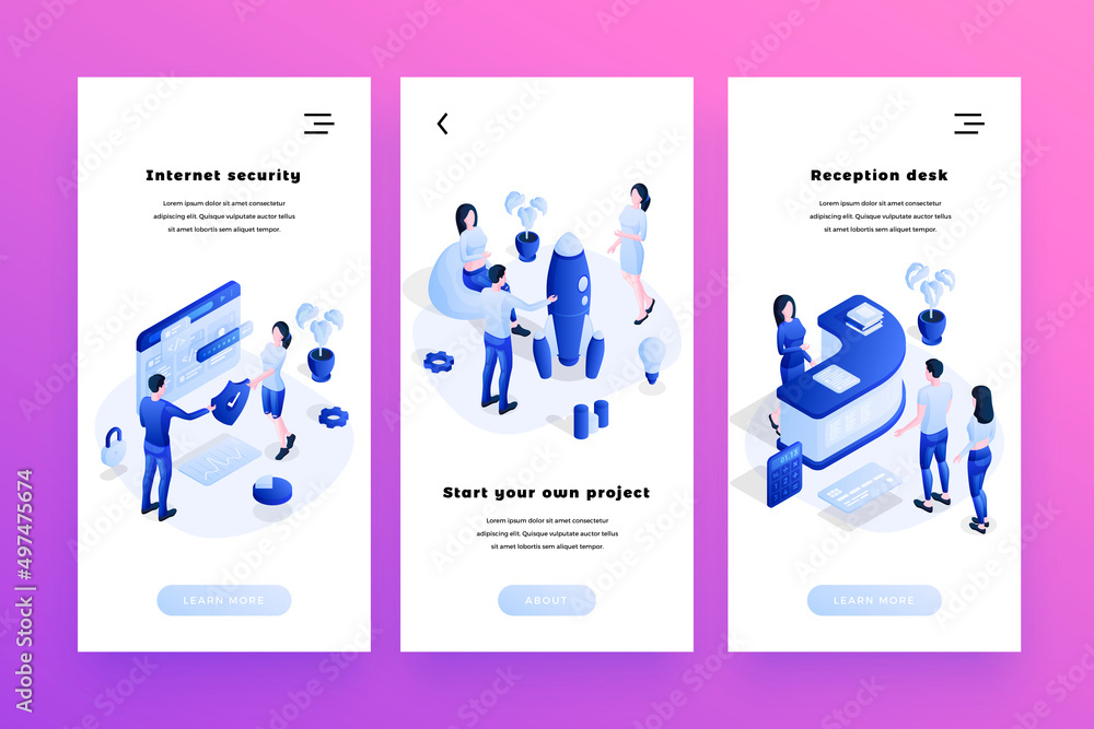 Internet security isometric mobile landing page banners templates set ...