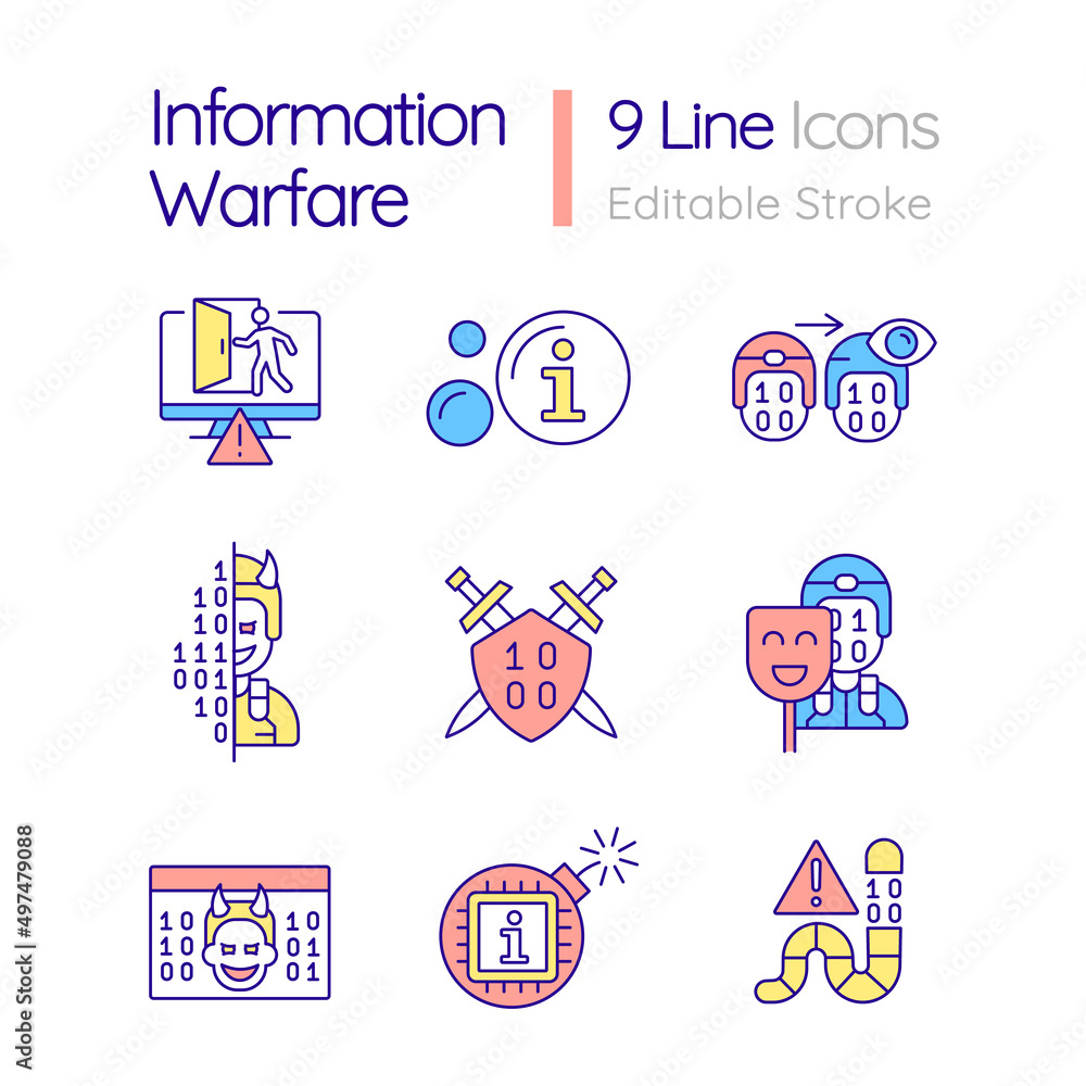 Information warfare RGB color icons set. Mislead opponent. Data ...