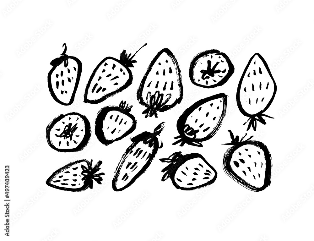 Hand drawn strawberry vector collection. Black doodle sketches. Line ...
