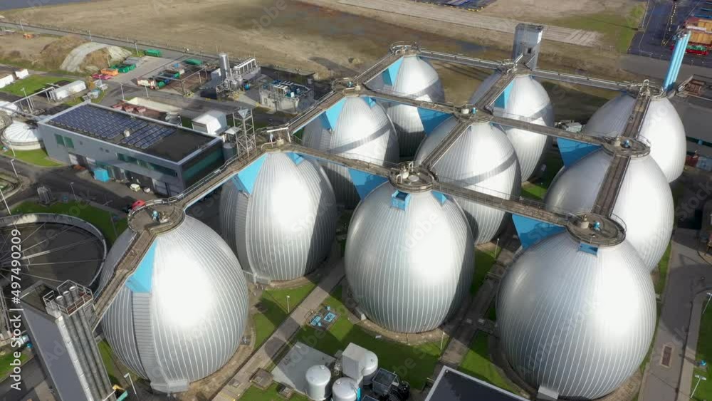 Drone wide aerial view of water purification circle, clean drinking ...