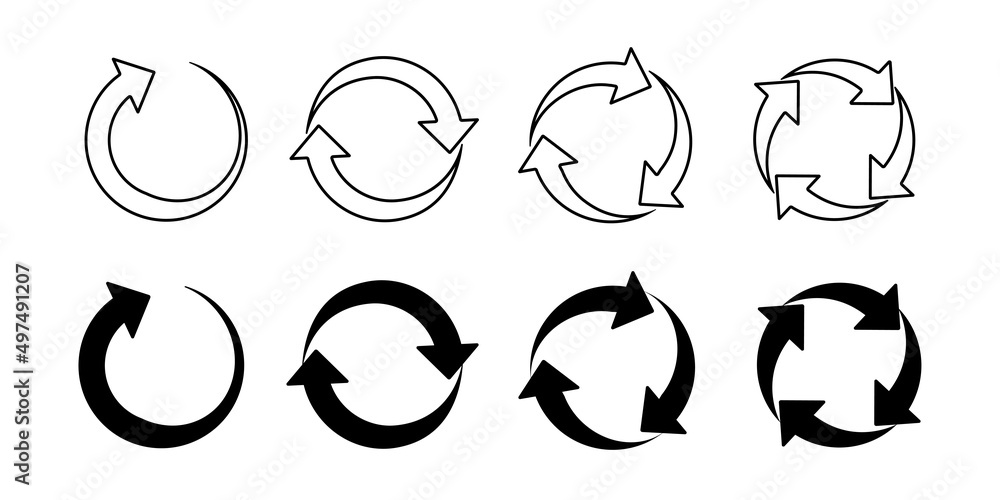 Set of circle arrow vector icons. Recycling icon. Circular vector arrows. Refresh and reload ...
