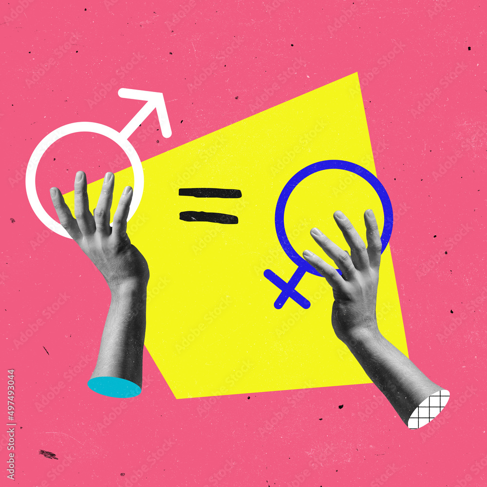 Contemporary art collage. Hands holding male and female gender sign ...