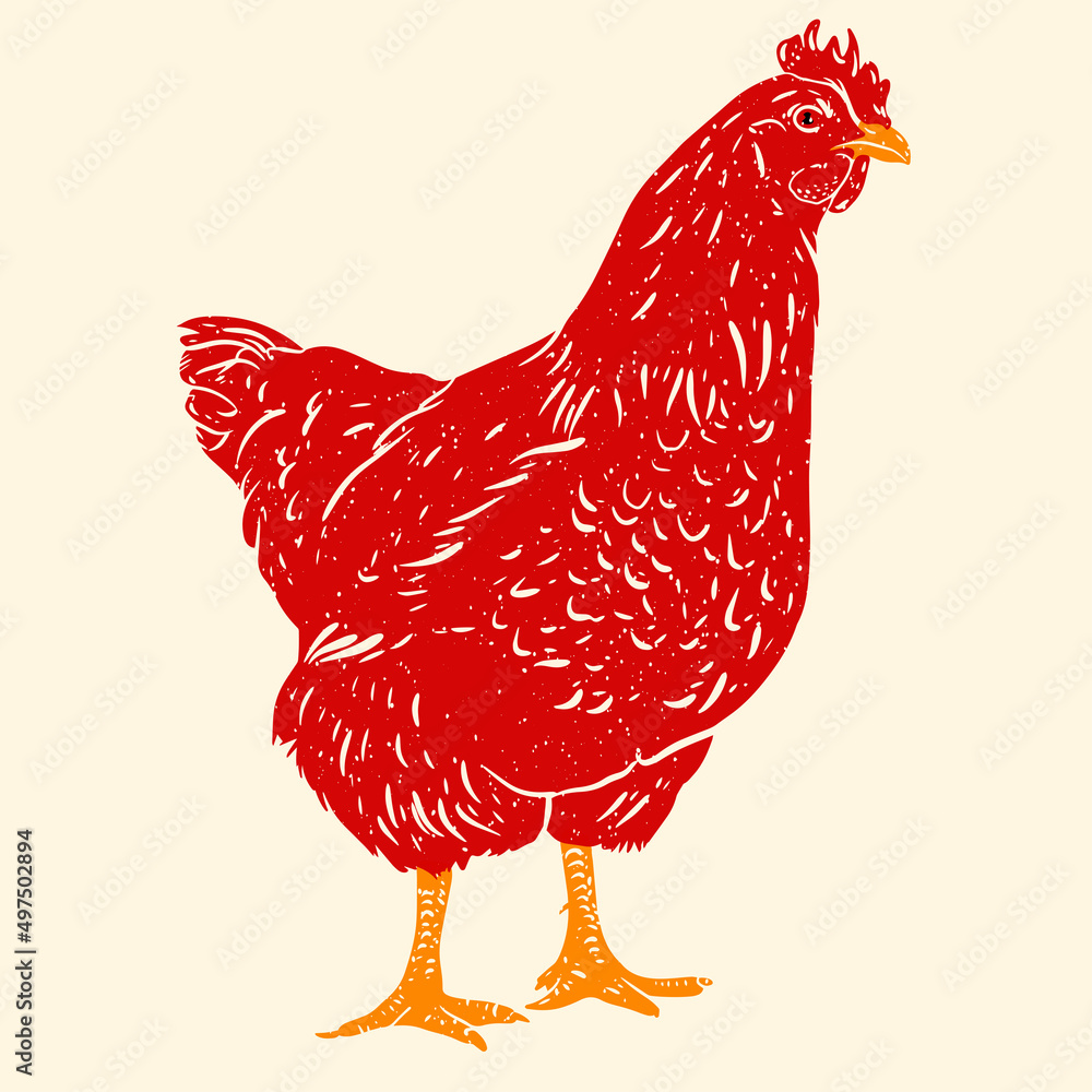 Red chicken. Colorful cute screen printing effect. Riso print effect ...