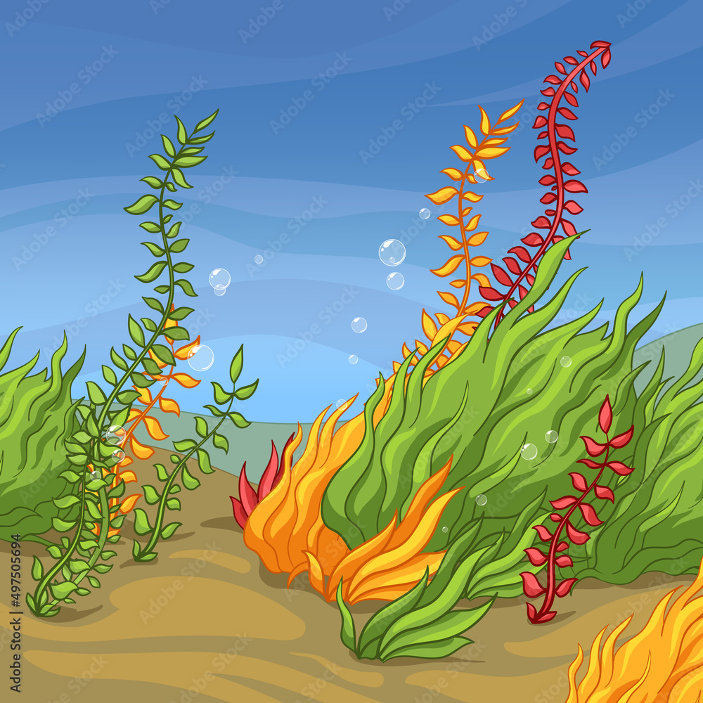 Seabed, algae underwater. Vector illustration in cartoon style. Stock ...
