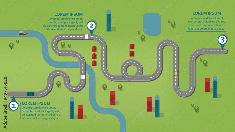 Business workflow roadmap, infographic flat lay style, in 16:9 wide, HD ...