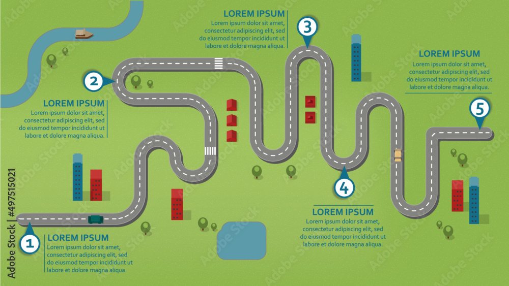 Business workflow roadmap, infographic flat lay style, in 16:9 wide, HD ...
