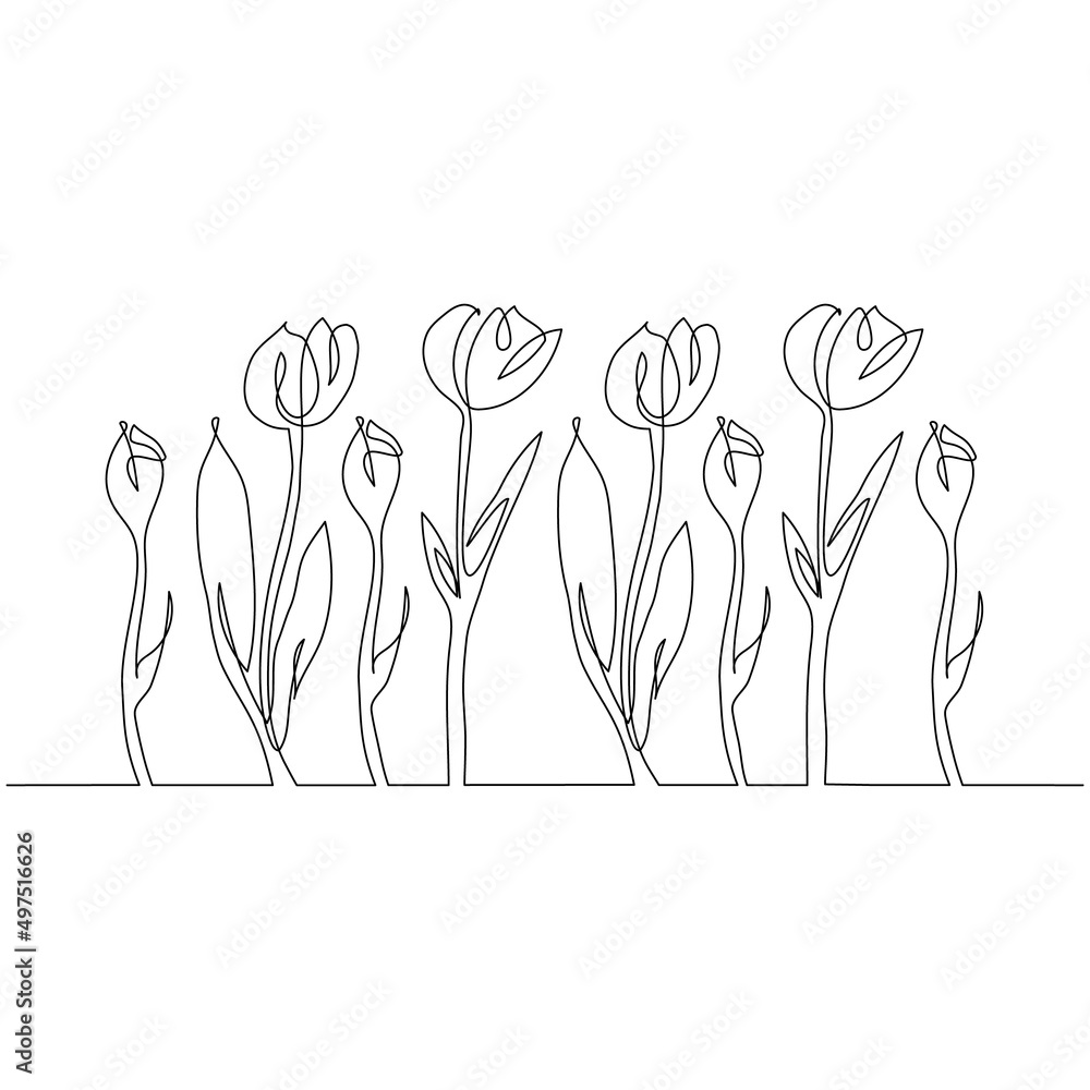 Beautiful tulip field in continuous one line drawing. Minimalistic line ...