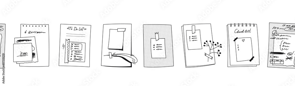 Seamless border checklists covered with notes. Hand-drawn spiral ...