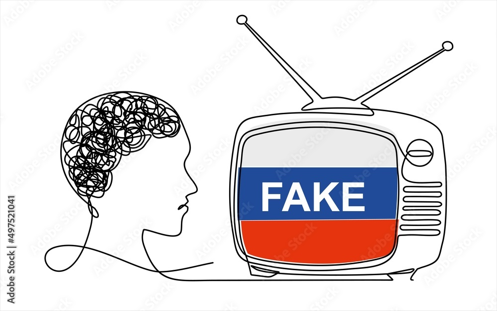 Continuous line drawing of TV with Russian fake news. Propaganda coming ...