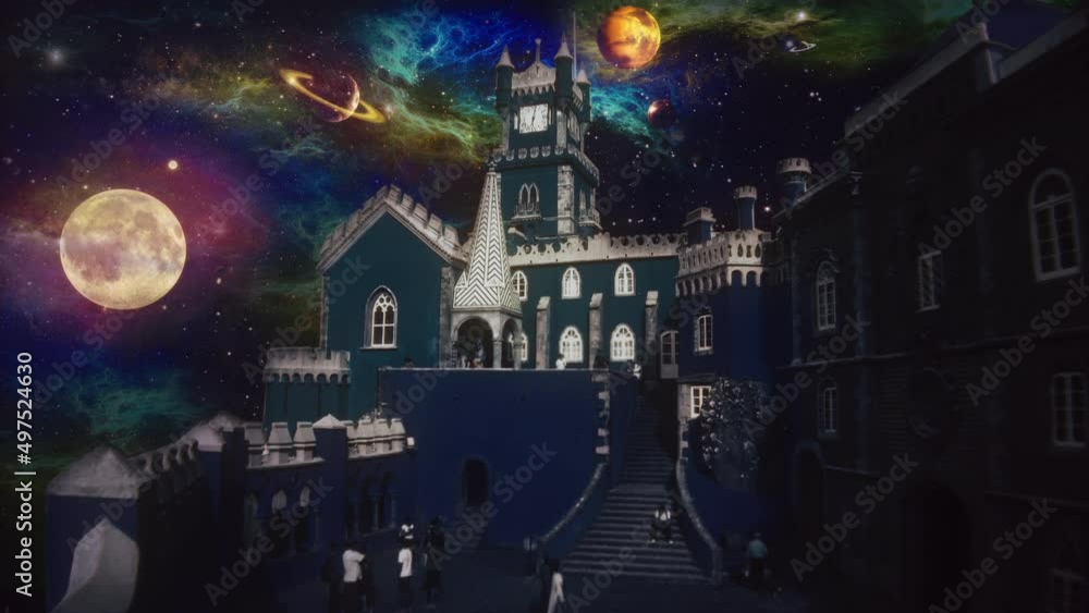 Castle In Space People Walking Inside Walls Planets In Galaxy Above ...