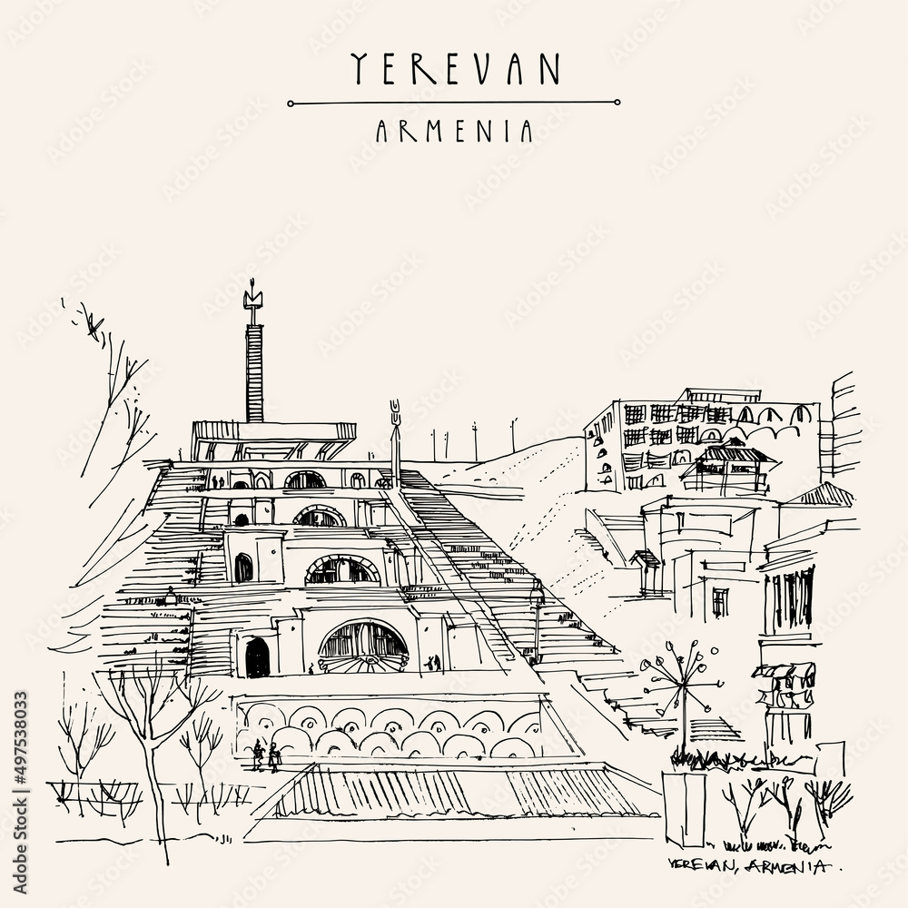 Vector Yerevan, Armenia postcard. Famous Cascade complex. Tourist ...