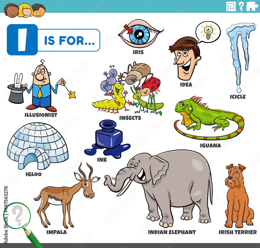 letter i words educational set with cartoon characters Stock Vector ...