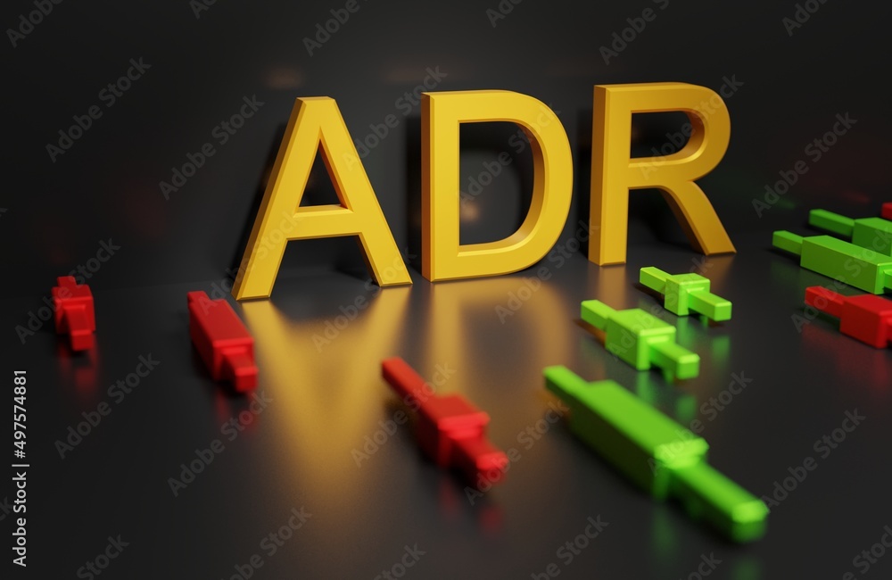 ADR - American Depositary Receipt sign on a dark background with charts ...