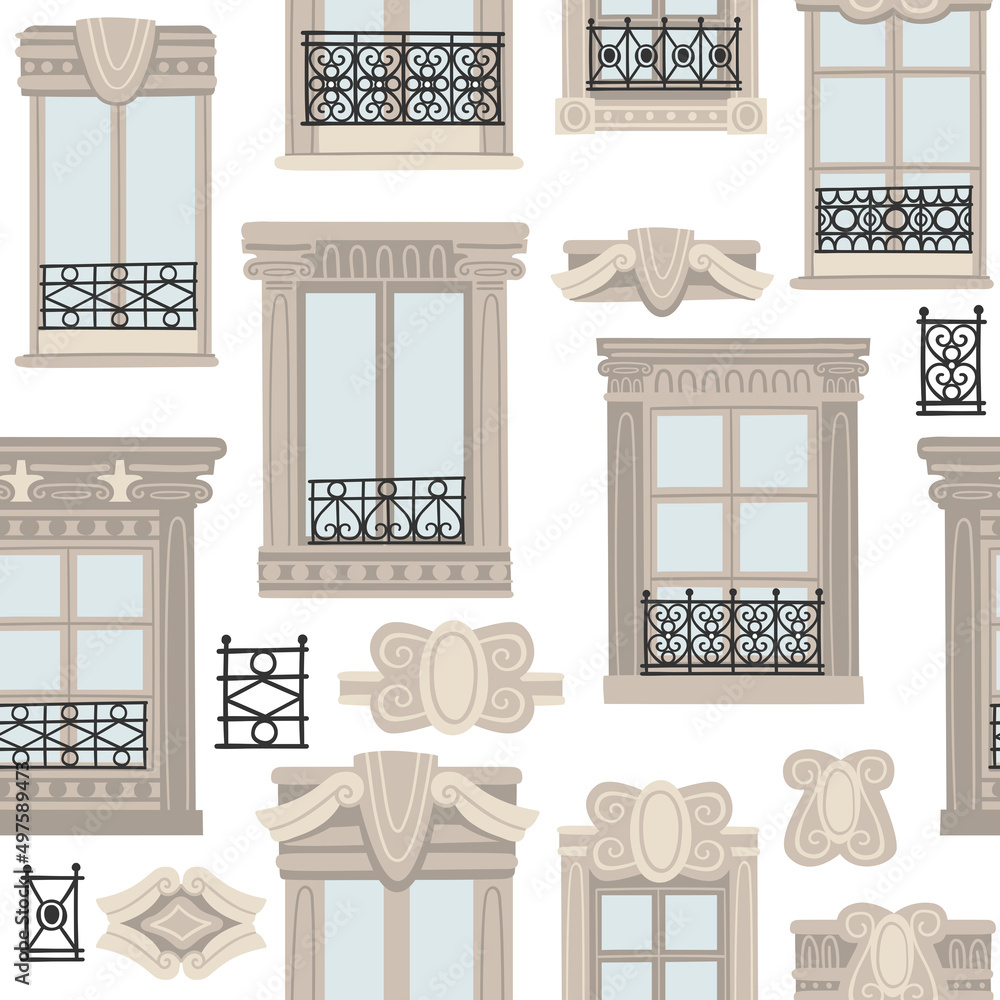Flat vector illustration with traditional Paris window. Seamless ...