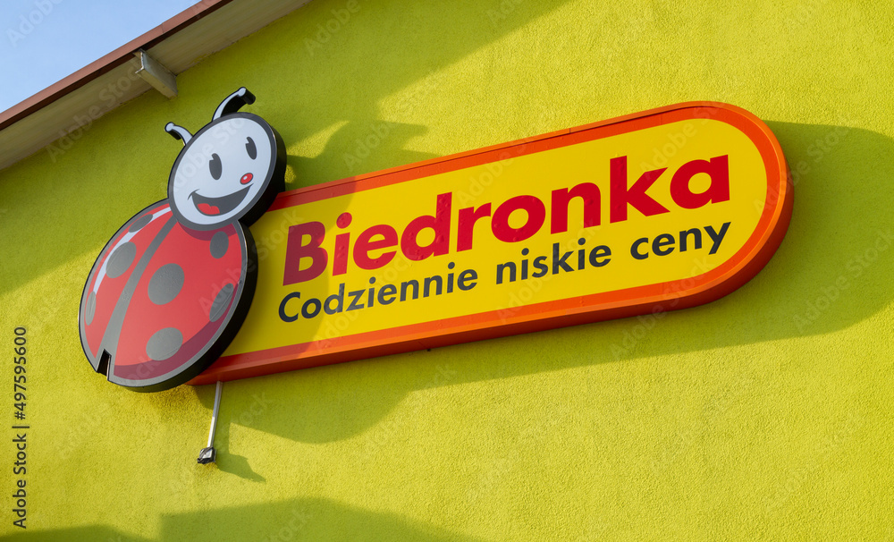Biedronka supermarket shop logo sign. Retail chain of discount shops in ...