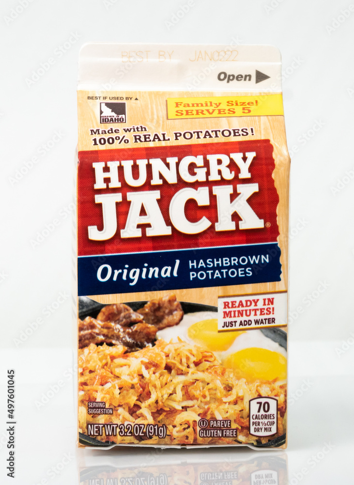 Front of cardboard carton packaging for Hungry Jack original hash brown ...