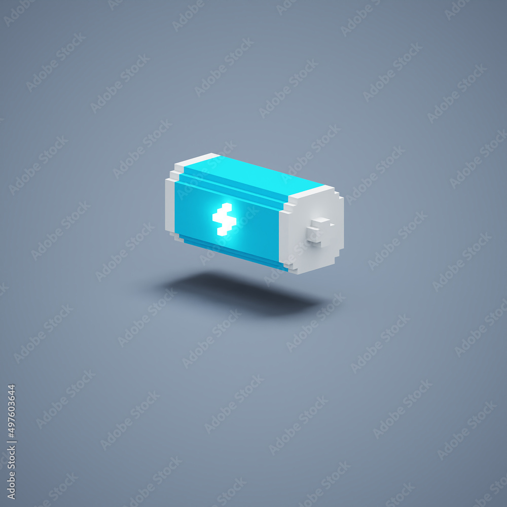 3D Rendering of simple battery icon using voxel style. With blue and ...
