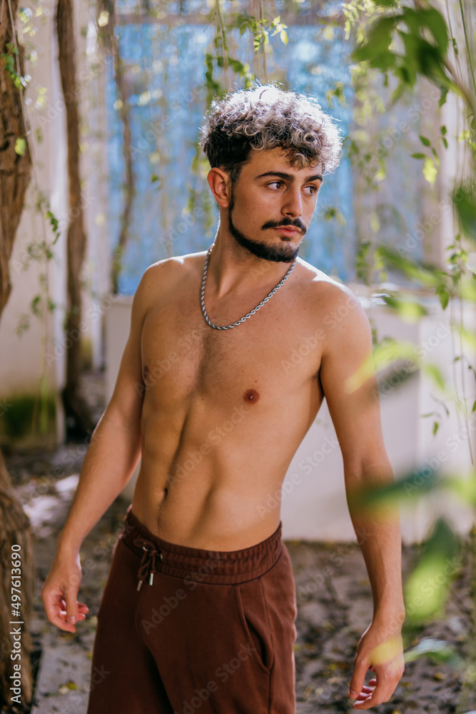 Portrait of an attractive shirtless Spanish man with a beard and hair ...