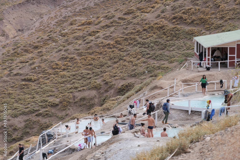 Fotka „Tourist bathing in the Thermal water pools at Termas Valle de ...